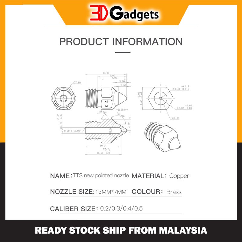 3D Gadgets Malaysia | MK8 TTS Pointed Nozzle (All Sizes)